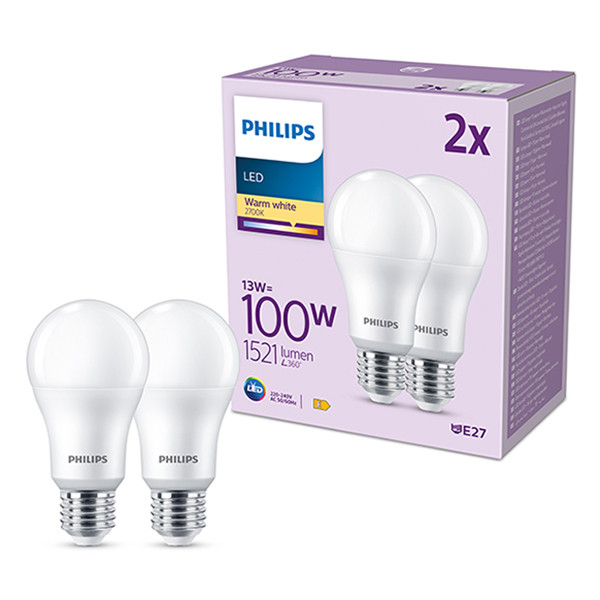 Philips LED lamp E27 | Peer A60 | Mat | 2700K | 13W (100W) | 2 stuks Philips 123led.nl